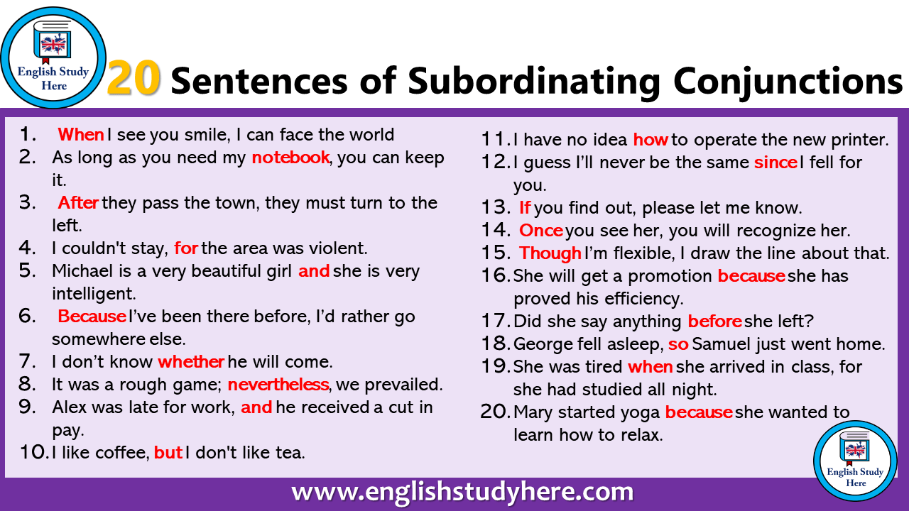 20 Sentences Of Subordinating Conjunctions English Study Here