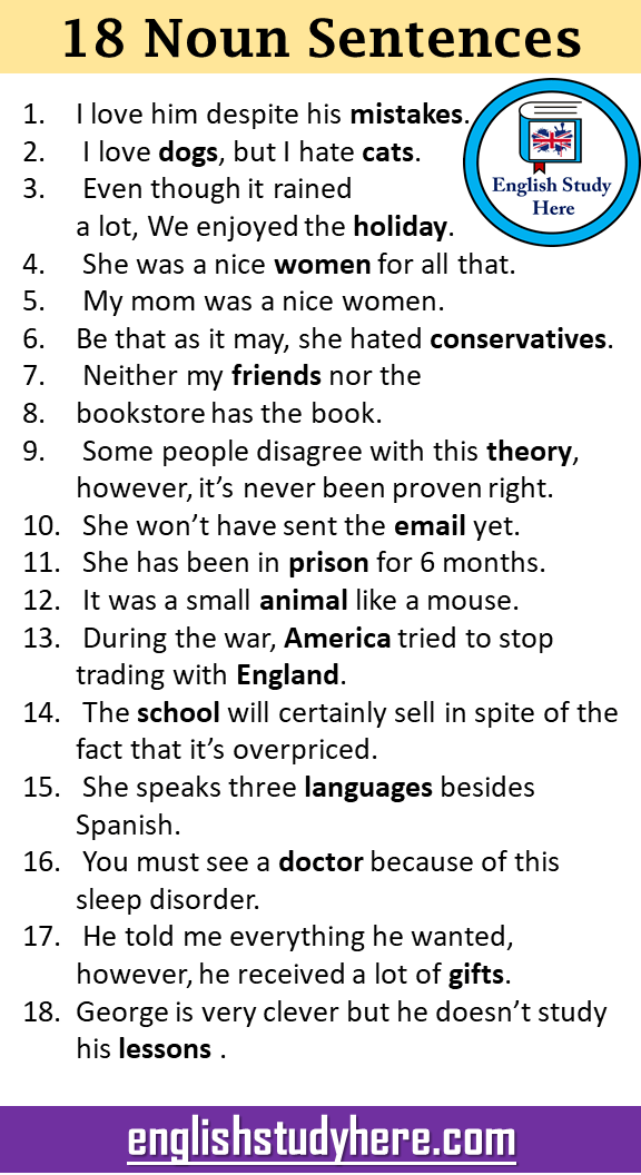 18 Examples Of Noun Sentences Noun Examples Sentences English Study Here