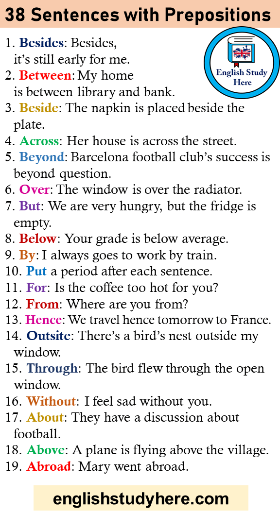 38 Sentences With Prepositions And Examples English Study Here