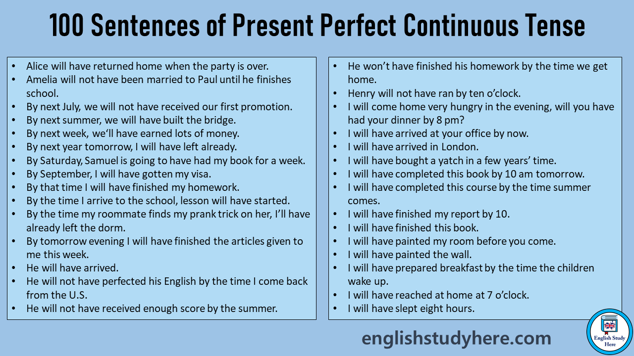 100 Sentences Of Present Perfect Continuous Tense Examples Of Present 