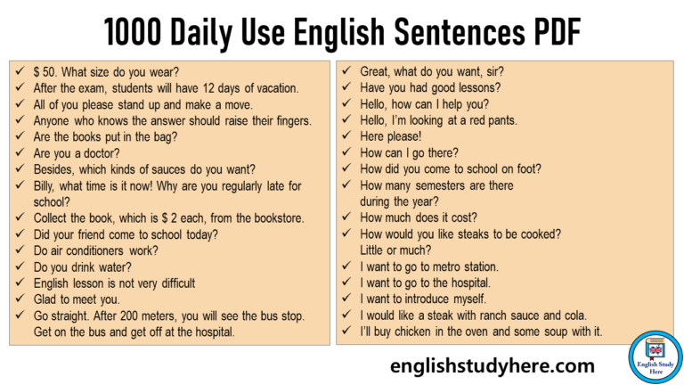 1000 Daily Use English Sentences PDF - English Study Here